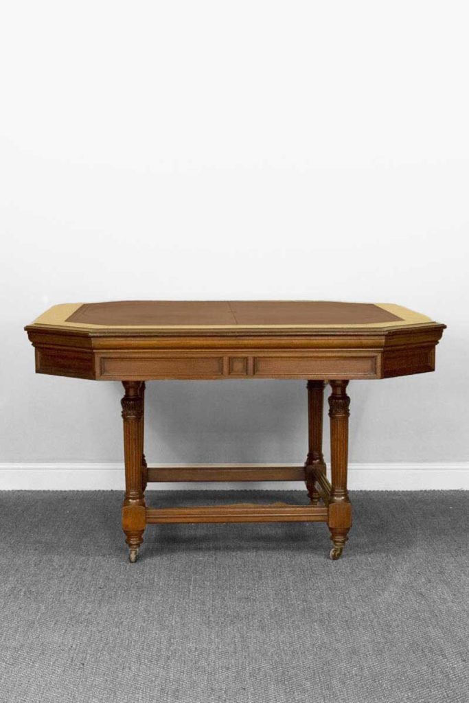 Large Library Table with Faceted Corners and Inset Burgundy Tooled ...