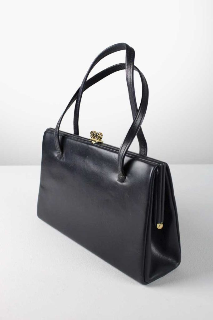 1950s Dark Blue Leather Handbag with Buff Suede Lining and Ornate Gilt ...