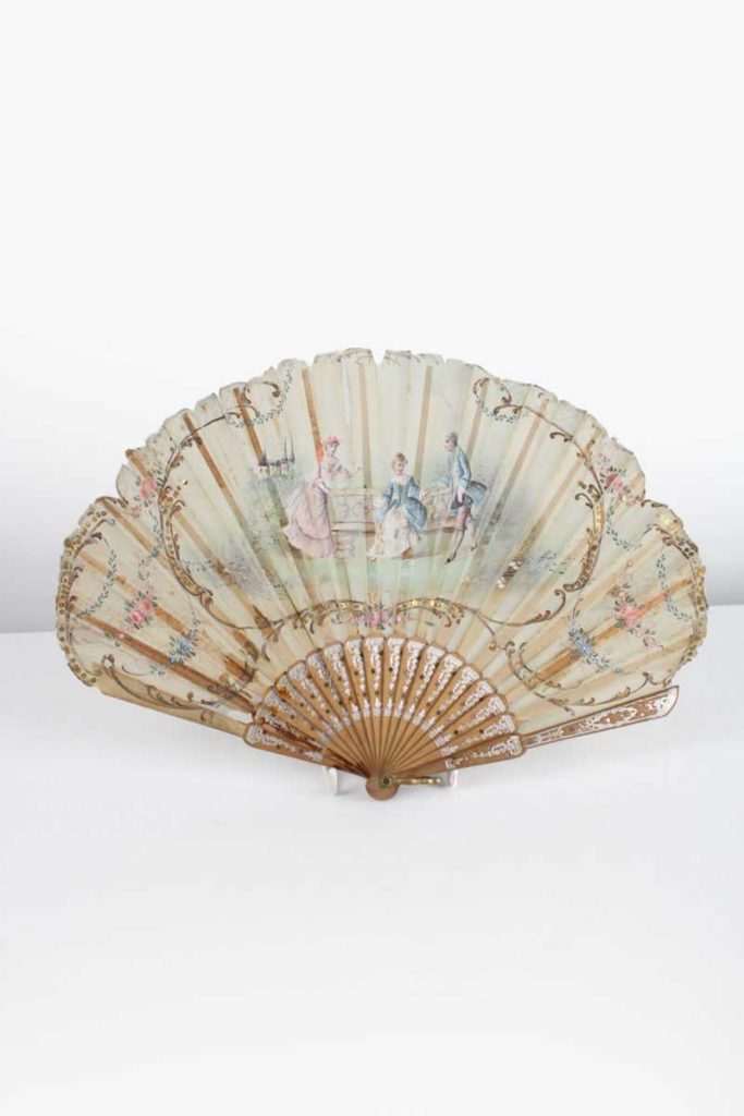 Edwardian Silk Chiffon Fontange Fan with Painted Pictures Of 18th ...