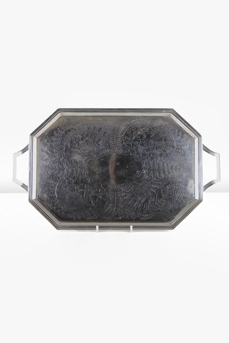 Octagonal Silver Tray with Engraved Fern Decoration and 2 Curved ...